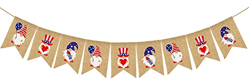 Doumeny 4th of July Burlap Banner, American Gnome Patriotic Rustic Banner Bunting USA Independence Day Bunting Garland American Stars Banner Flag for Memorial Veterans Days Labor Day Mantel Fireplace