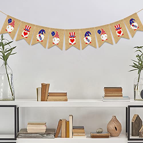 Doumeny 4th of July Burlap Banner, American Gnome Patriotic Rustic Banner Bunting USA Independence Day Bunting Garland American Stars Banner Flag for Memorial Veterans Days Labor Day Mantel Fireplace