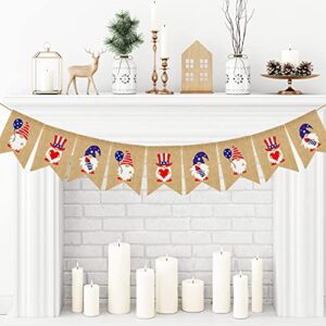 Doumeny 4th of July Burlap Banner, American Gnome Patriotic Rustic Banner Bunting USA Independence Day Bunting Garland American Stars Banner Flag for Memorial Veterans Days Labor Day Mantel Fireplace