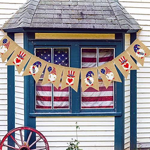 Doumeny 4th of July Burlap Banner, American Gnome Patriotic Rustic Banner Bunting USA Independence Day Bunting Garland American Stars Banner Flag for Memorial Veterans Days Labor Day Mantel Fireplace