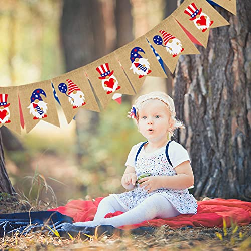 Doumeny 4th of July Burlap Banner, American Gnome Patriotic Rustic Banner Bunting USA Independence Day Bunting Garland American Stars Banner Flag for Memorial Veterans Days Labor Day Mantel Fireplace