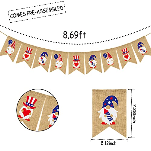 Doumeny 4th of July Burlap Banner, American Gnome Patriotic Rustic Banner Bunting USA Independence Day Bunting Garland American Stars Banner Flag for Memorial Veterans Days Labor Day Mantel Fireplace