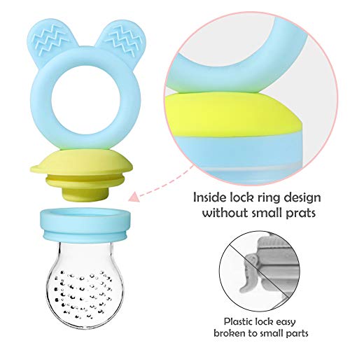 Baby Fruit Food Feeder Pacifier - 2 Packs Silicone Fresh Fruit Feeder BPA Free [S M L Size Silicone Food Pouches Included] (Blue&Pink)