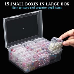 Jutieuo 15 Pieces Small Clear Plastic Beads Storage Containers Box with Hinged Lid - 1 Pack Large Organizer Box - Small Items Crafts Jewelry Storage Boxes with Labels