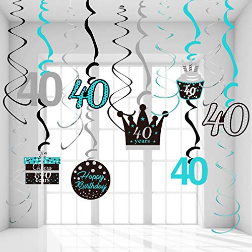 40th Birthday Decorations for Women Teal Silver Black 40th Birthday Hanging Swirls Hanging Swirls Decorations for Teal Silver 40 Years Old Party Supplies