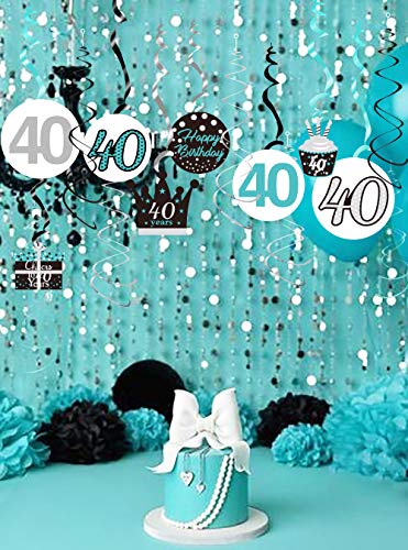 40th Birthday Decorations for Women Teal Silver Black 40th Birthday Hanging Swirls Hanging Swirls Decorations for Teal Silver 40 Years Old Party Supplies