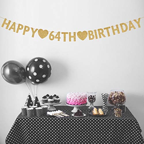 Gold Happy 64th Birthday Banner, Glitter 64 Years Old Woman or Man Party Decorations, Supplies