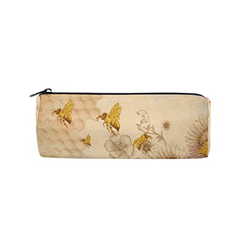 Honey Bees Sunflower Retro Pencil Case Pen Bag Pouch Holder, Zipper Pencil Bag Portable Cosmetic Organizer Makeup Brush Bag Purse School Stationery for Kids Girl Boy Adults Office Nurse Supplies