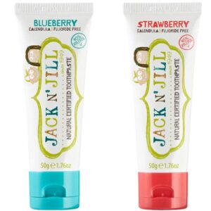 jack n’ jill kids natural toothpaste – kids toothpaste fluoride free, organic flavors, bpa free sls free, makes tooth brushing fun for kids – blueberry & strawberry, 1.76 oz (pack of 2)