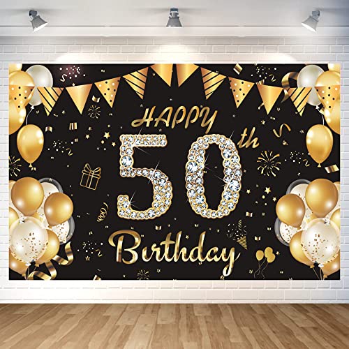 50th Happy Birthday Banner Backdrop for Men Black and Gold Party Decorations Happy Birthday Backdrop for Women Black and Gold Birthday Photo Backdrop 70.87*45.28in