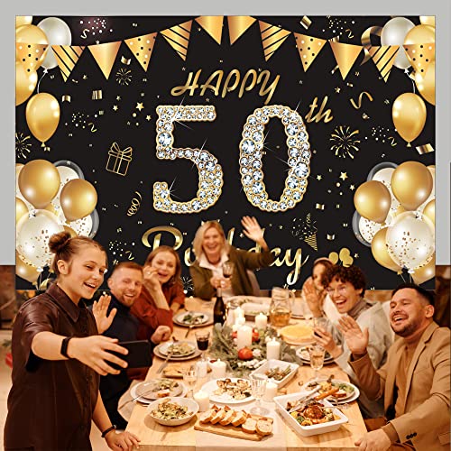 50th Happy Birthday Banner Backdrop for Men Black and Gold Party Decorations Happy Birthday Backdrop for Women Black and Gold Birthday Photo Backdrop 70.87*45.28in