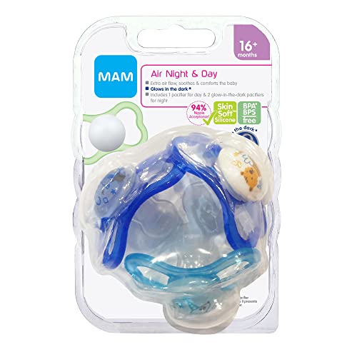 MAM Air Day & Night Baby Pacifier, for Sensitive Skin, Glows in The Dark, 3 Pack, 16+ Months, Boy,3 Count (Pack of 1)