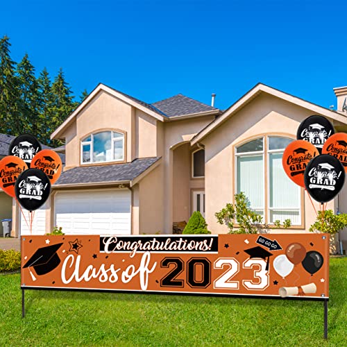 Class of 2023 Graduation Decorations Orange Congratulations Banner and 8pcs Congrats Grad Balloons Graduation Yard Sign College Graduation Party 2023 Orange Graduation Decorations