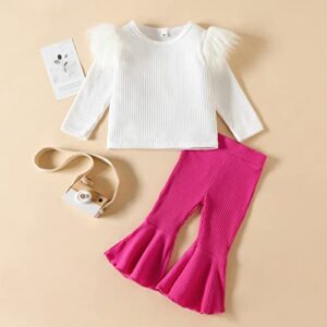 Toddler Girls Long Sleeve Solid Ribbed T Shirt Tops Bell Bottoms Flare Pants Outfits Active Wear Girls (Hot Pink, 18-24 Months)