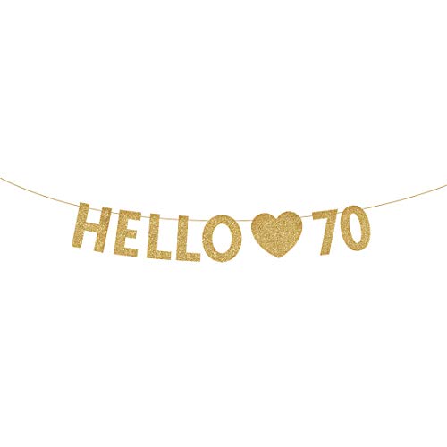 Gold Hello 70 Birthday Banner, Gold Glitter Happy 70th Birthday Party Decorations, Supplies