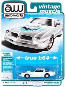 1976 pontiac firebird trans am cameo white w/blue & black bird hood graphic vintage muscle ltd ed 1/64 diecast model car by auto world 64362-awsp104 b