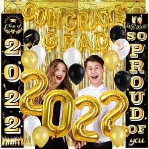 graduation decorations 2022, class of 2022 graduation porch sign, 2022 balloons + congrats grad foil balloons + 2pcs foil curtains photo backdrop for graduation party decorations indoor outdoor