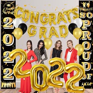 Graduation Decorations 2022, Class of 2022 Graduation Porch Sign, 2022 Balloons + Congrats Grad Foil Balloons + 2PCS Foil Curtains Photo Backdrop for Graduation Party Decorations Indoor Outdoor