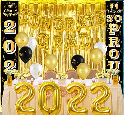 Graduation Decorations 2022, Class of 2022 Graduation Porch Sign, 2022 Balloons + Congrats Grad Foil Balloons + 2PCS Foil Curtains Photo Backdrop for Graduation Party Decorations Indoor Outdoor