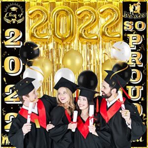 Graduation Decorations 2022, Class of 2022 Graduation Porch Sign, 2022 Balloons + Congrats Grad Foil Balloons + 2PCS Foil Curtains Photo Backdrop for Graduation Party Decorations Indoor Outdoor