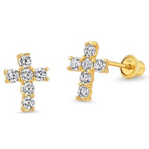 14k gold plated brass cross cubic zirconia screwback baby girls earrings with sterling silver post