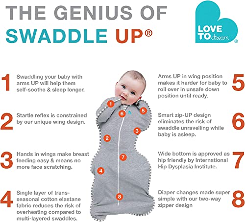 Love To Dream Swaddle UP, Gray, Small, 8-13 lbs, Dramatically Better Sleep, Allow Baby to Sleep in Their Preferred arms up Position for self-Soothing, snug fit Calms Startle Reflex