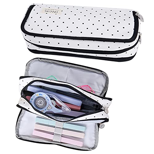 KPALAG canvas 3 layers Pencil Case Pen Pouch Stationery bag Office Organizer makeup bag for Teens Adults Students and office workers (white/dot)