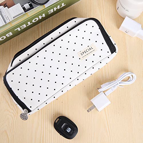 KPALAG canvas 3 layers Pencil Case Pen Pouch Stationery bag Office Organizer makeup bag for Teens Adults Students and office workers (white/dot)