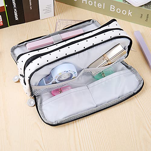 KPALAG canvas 3 layers Pencil Case Pen Pouch Stationery bag Office Organizer makeup bag for Teens Adults Students and office workers (white/dot)