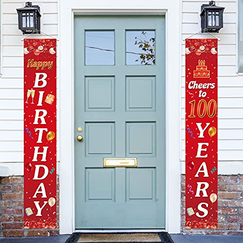 Happy 100th Birthday Porch Sign Door Banner Decor Red – Cheers to 100 Years Old Party Theme Decorations for Men Women Supplies