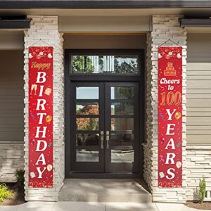 Happy 100th Birthday Porch Sign Door Banner Decor Red – Cheers to 100 Years Old Party Theme Decorations for Men Women Supplies