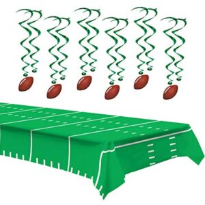 Football Party Supplies - Metallic Hanging Football Whirls and Green Football Field Table Cover With Yard Lines