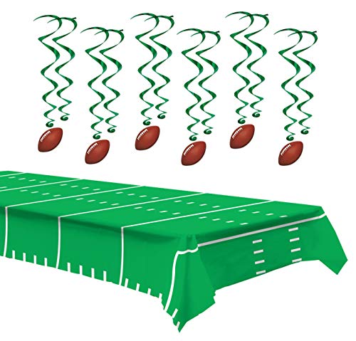 Football Party Supplies - Metallic Hanging Football Whirls and Green Football Field Table Cover With Yard Lines