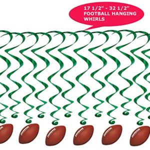 Football Party Supplies - Metallic Hanging Football Whirls and Green Football Field Table Cover With Yard Lines