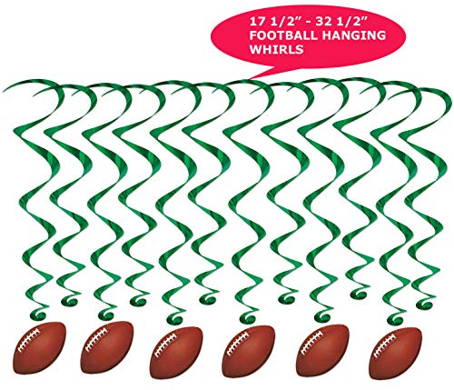 Football Party Supplies - Metallic Hanging Football Whirls and Green Football Field Table Cover With Yard Lines