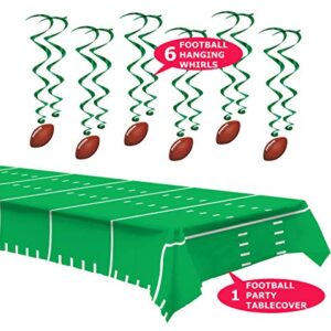 Football Party Supplies - Metallic Hanging Football Whirls and Green Football Field Table Cover With Yard Lines