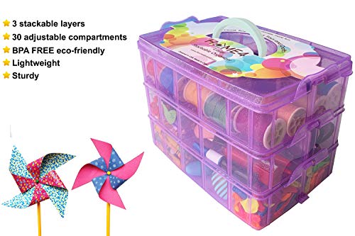 HOME4 Glitter Purple Arts & Craft Case Storage Box 30 Adjustable Compartments Dividers, Jewelry Keeper, Bead Organizer, Tools, Sewing, Thread, Hair Accessories Holder Display Container