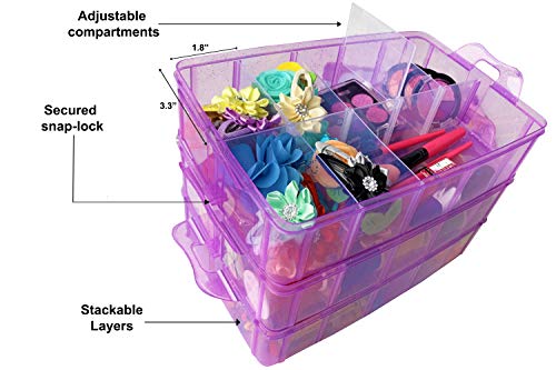 HOME4 Glitter Purple Arts & Craft Case Storage Box 30 Adjustable Compartments Dividers, Jewelry Keeper, Bead Organizer, Tools, Sewing, Thread, Hair Accessories Holder Display Container