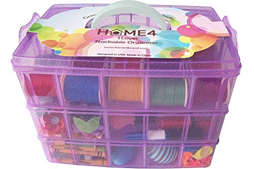 HOME4 Glitter Purple Arts & Craft Case Storage Box 30 Adjustable Compartments Dividers, Jewelry Keeper, Bead Organizer, Tools, Sewing, Thread, Hair Accessories Holder Display Container