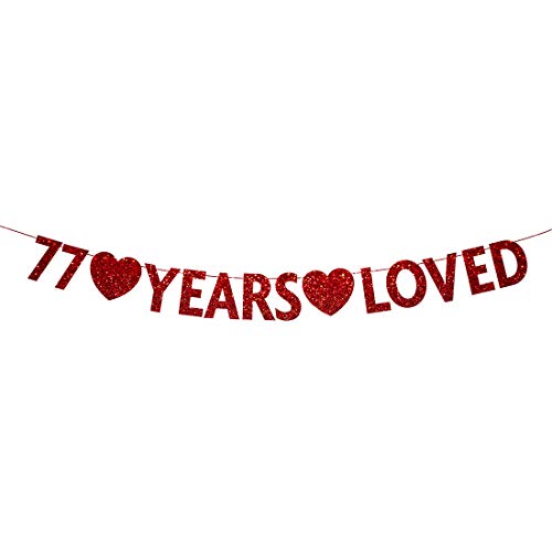 Red 77 Year Loved Banner, Red Glitter Happy 77th Birthday Party Decorations, Supplies