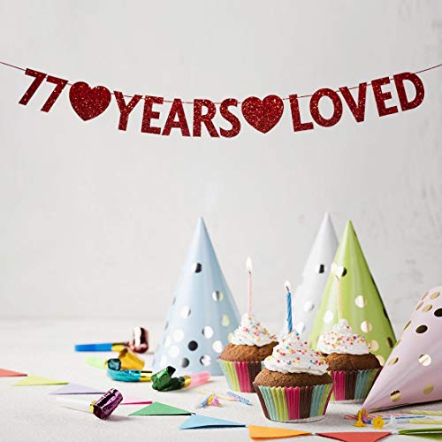 Red 77 Year Loved Banner, Red Glitter Happy 77th Birthday Party Decorations, Supplies