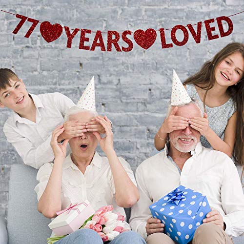 Red 77 Year Loved Banner, Red Glitter Happy 77th Birthday Party Decorations, Supplies