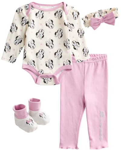 Disney Baby Newborn Girls' Layette Set - Bodysuit, Pants, Booties, Hat: Minnie Mouse, Winnie the Pooh, Bambi (0-9M), Size 6-9 Months, Minnie Mouse