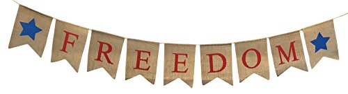 FREEDOM Burlap Patriotic Banner Bunting - 4th of July Party Decoration - Memorial Day Burlap Celebration Supplies - Honor Military Veterans Day Garland by Jolly Jon