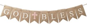 first communion god bless banner – ready to hang burlap garland – baptism christening church celebration decoration – pink cross confirmation design by jolly jon