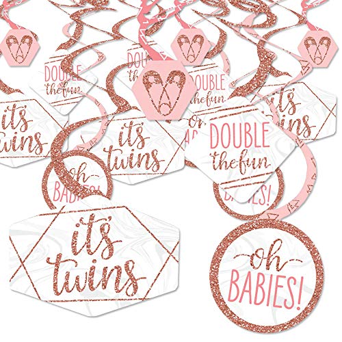 Big Dot of Happiness It’s Twin Girls - Pink and Rose Gold Twins Baby Shower Hanging Decor - Party Decoration Swirls - Set of 40