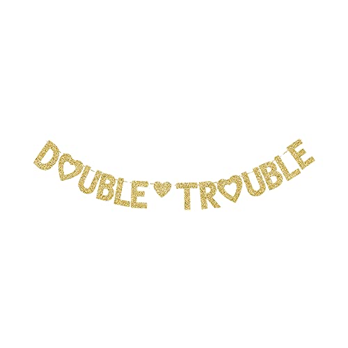 Double Trouble Banner, Twins Baby Shower Party Decorations It's Twins Gold Gliter Paper Sign