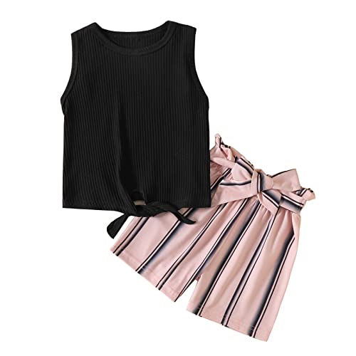 DREAM BUS Girl Outfit Toddler Clothes Striped Sleeveless Shorts Sets Tie Knot Beach Black Summer 12-18 Months