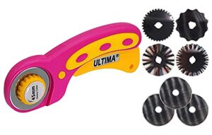 ultima 45mm rotary cutter kit – ergonomic rotary cutter with 8 sks-7 steel blades, straight & pattern-cut