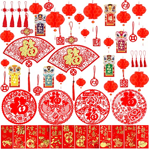 HOWAF Chinese New Year Decoration 2023- Fu Character Garland Red Lantern Garland, Lunar New Year Red Window Stickers, Red Envelope, Lion Hanging Card, New Year Eve Party Decoration Supplies, Pack of 54